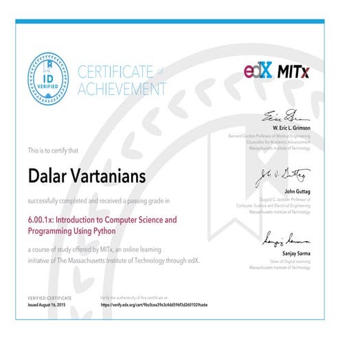 Certificate Dashamir Hoxha Edxmitx 600x Introduction To Computer Science And Programming 