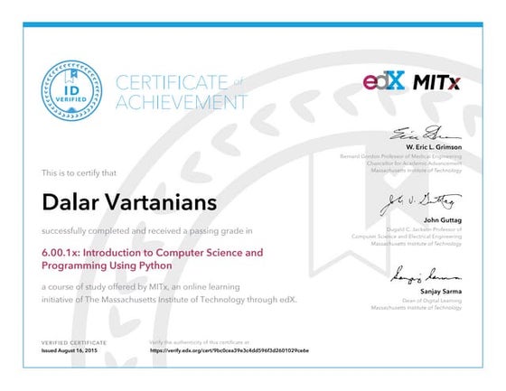 Certificate -- Dashamir Hoxha -- edX/MITx -- 6.00x Introduction to Computer Science and ...