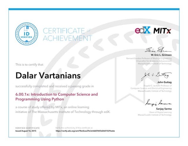 Certificate Dashamir Hoxha Edxmitx 600x Introduction To Computer Science And Programming