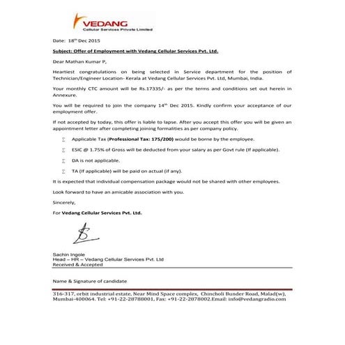 Offer Letter Mathan Kumar vedang | PDF