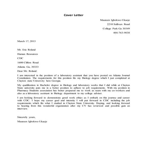 Cover Letter for bio seminar class | DOCX