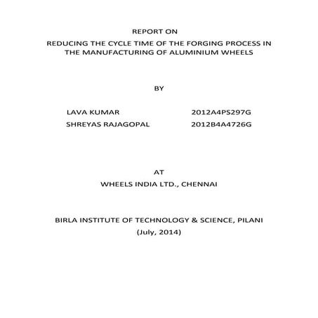 Report on Solution for reduction of cycle time in the manufacturing of ...