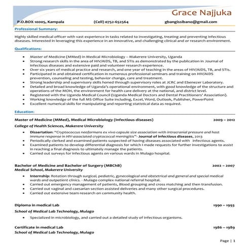 2016-02-11 - CV Grace Najjuka - Modified (Autosaved)-2 | DOC | Infectious Diseases | Diseases ...