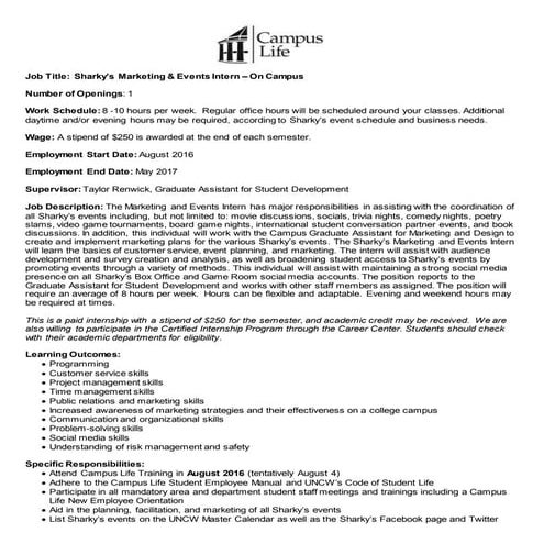 Sharky%27s Marketing and Events Intern Job Description Spring 2016 | DOCX