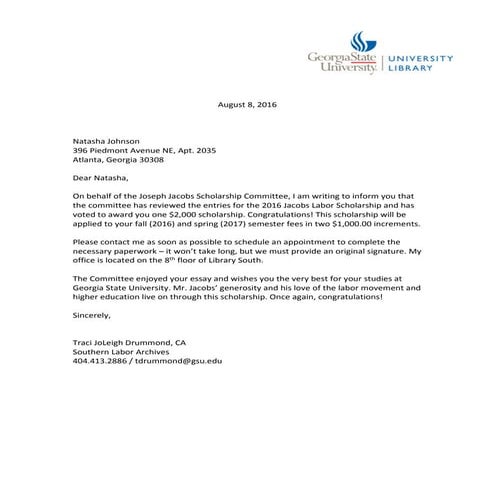 Joseph Jacobs Scholarship 2016 Johnson letter | PDF