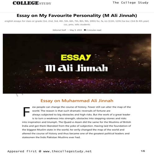 9 essay on my favourite personality (m ali jinnah) the college study | PDF