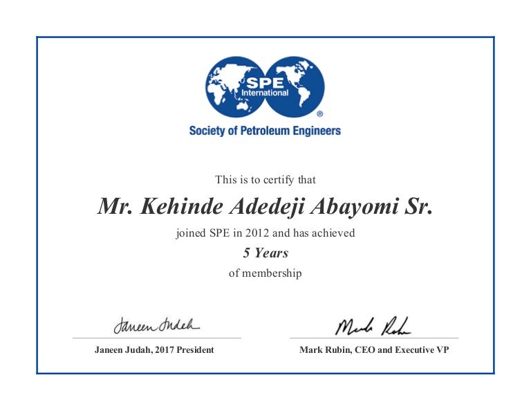 SPE Membership 5 years service award Certificate for 4051576