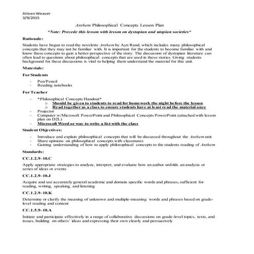 Anthem Philosophical Concepts Lesson Plan - Adapted | DOCX