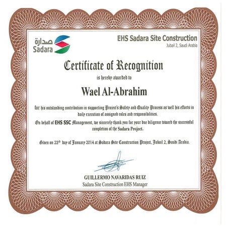 Certificate of Appreciation - Sadara 2014 HSE | PDF