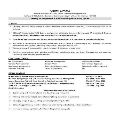 Resume Rashmi Parab | DOC | Human Resources | Business