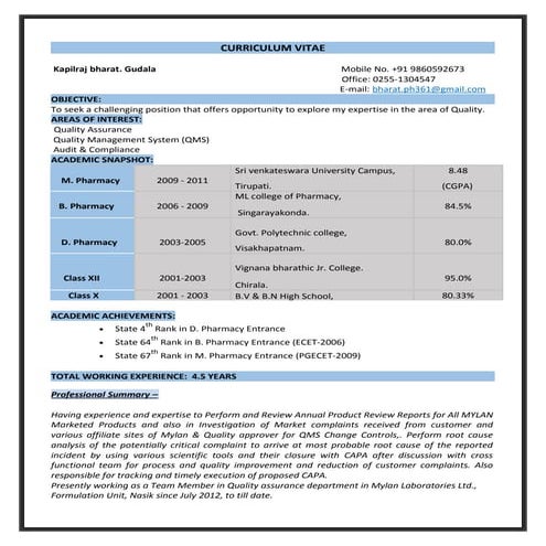Kapil CV_4.5 years exp in QA@Mylan | PDF