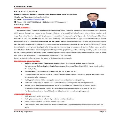 kiran Planning sche engineer CV | PDF
