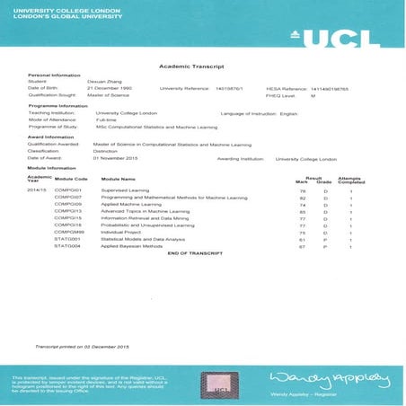 Master Transcript | PDF