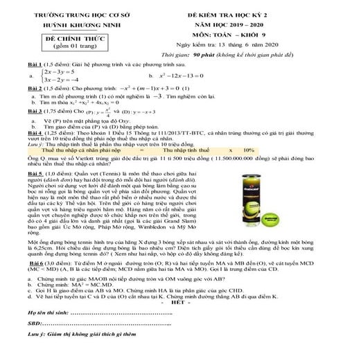 Đề Thi HK2 Toán 9 - THCS Huỳnh Khương Ninh | PDF