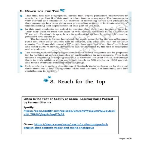 Reach For The Top - Santosh Yadav, Maria Sharapova - CBSE English | PDF