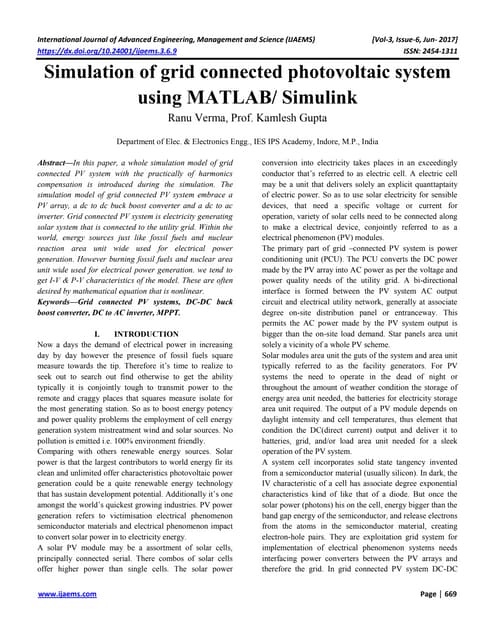 Simulation Of Grid Connected Photovoltaic System Using Matlab Simulink