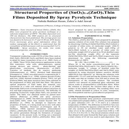 Structural Properties of (SnO2)1-x(ZnO)xThin Films Deposited By Spray Pyrolysis Technique | PDF