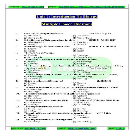 9th Bio Ch1 MCQ's (1).pdf chapter one class | PDF
