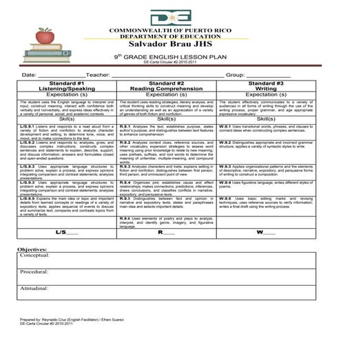 9th Grade English lesson Plan - PR | DOCX