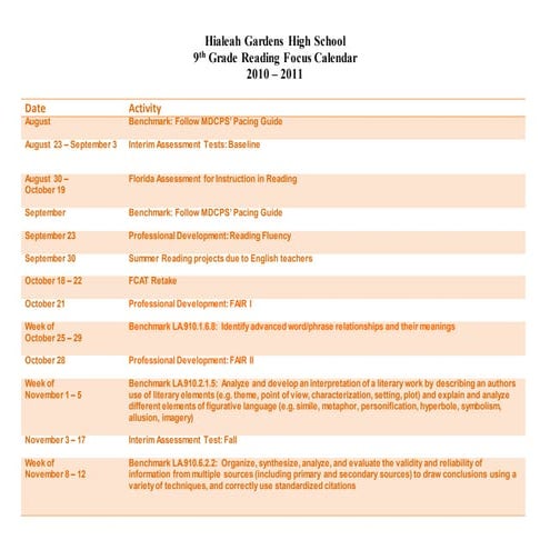 9th Grade Instructional Focus Calendar | DOCX