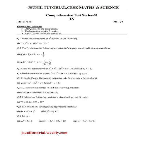 9th polynomial test_paper-1 | PDF