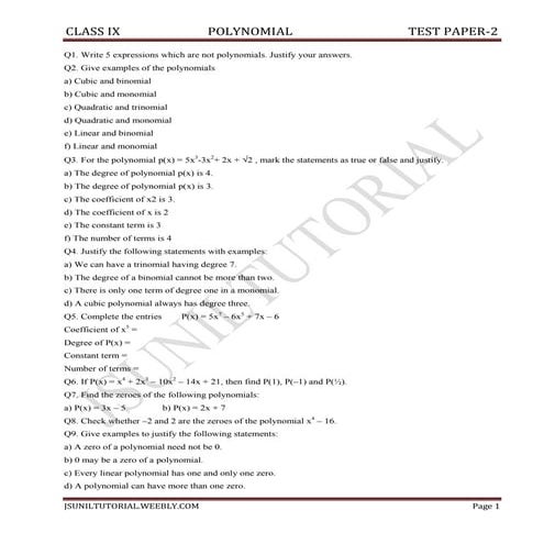 9th polynomial test_paper-2 | PDF