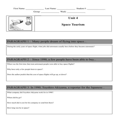 9 unit 4 space tourism worksheet | PDF