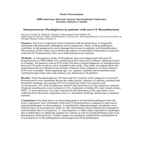 Stomatococcus Mucilaginous in patients with non-CF Bronchiectasis. | PDF