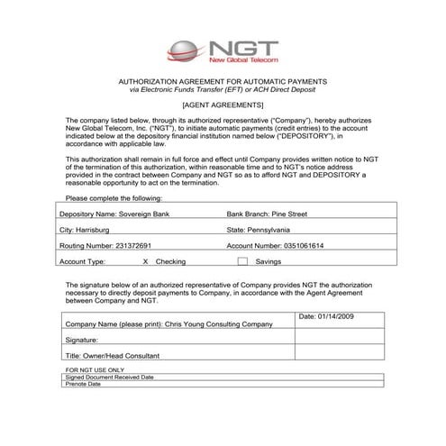 Generic Eft Authorization Form Template