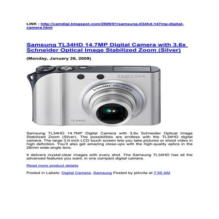 Samsung TL34HD 14.7MP Digital Camera with 3.6x Schneider Optical Image ...