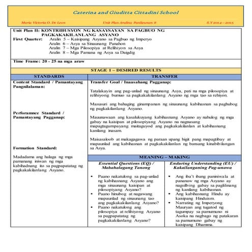 Araling Panlipunan 8 - Unit Plan II | DOCX