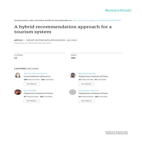 A Hybrid Recommendation Approach For A Tourism System Pdf