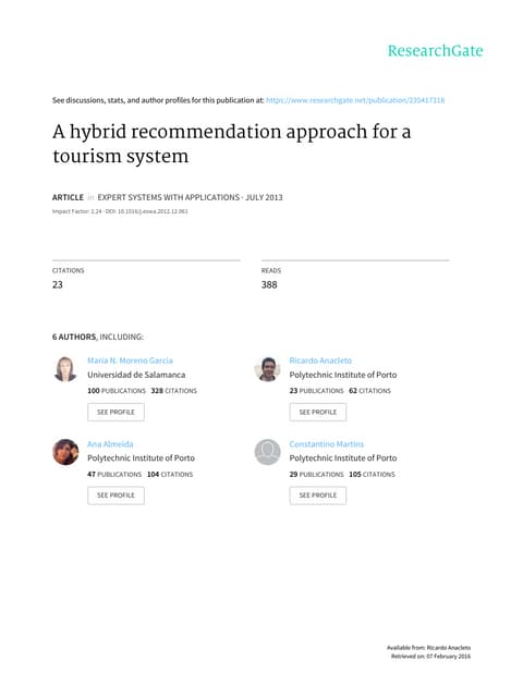 A Hybrid Recommendation Approach For A Tourism System Pdf