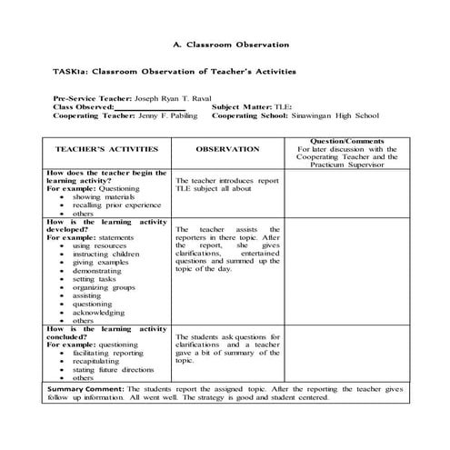 A. classroom observation | PDF
