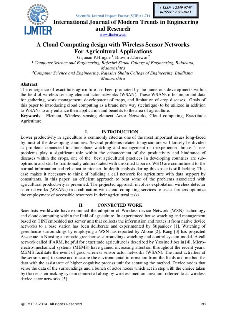 A Cloud Computing Design With Wireless Sensor Networks For Agricultur