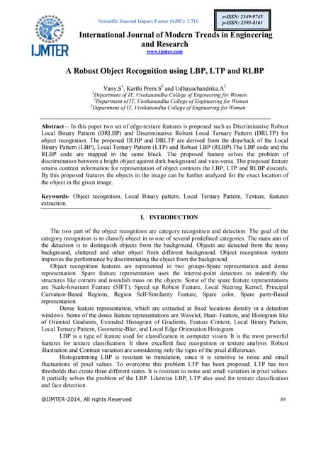 A Robust Object Recognition Using Lbp Ltp And Rlbp Pdf