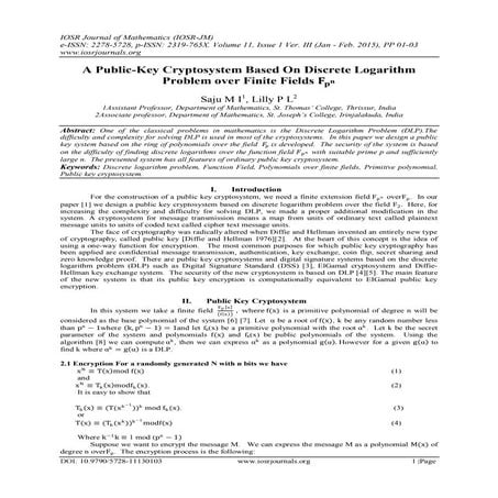 A Public Key Cryptosystem Based On Discrete Logarithm Problem Over Finite Fields 퐅퐩 퐧 Pdf