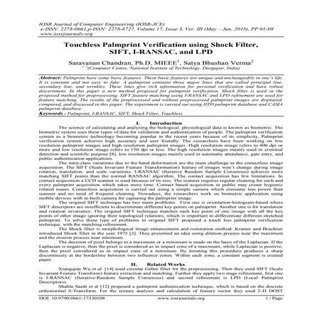 Touchless Palmprint Verification using Shock Filter, SIFT, I-RANSAC, and LPD | PDF