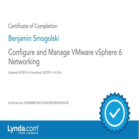 ConfigureandManageVMwarevSphere6Networking_CertificateOfCompletion | PDF