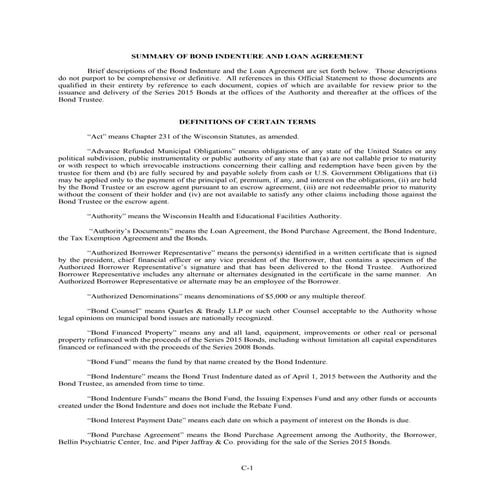 WORK SAMPLE - summary of bond documents Bellin 2015 | PDF