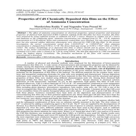 Properties of CdS Chemically Deposited thin films on the Effect of Ammonia Concentration | PDF
