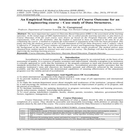An Empirical Study on Attainment of Course Outcome for an Engineering course – Case study of ...