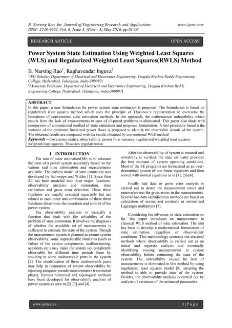 Power System State Estimation Using Weighted Least Squares Wls And