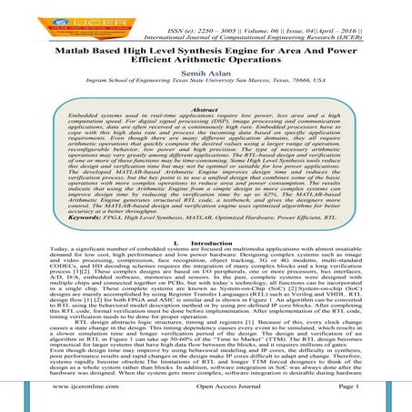 Matlab Based High Level Synthesis Engine For Area And Power Efficient Arithmetic Operations Pdf