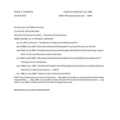 FRANK A STUPARITZ 2015 RESUME PHYSICAL THERAPIST since 1990 | DOCX