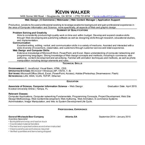 New Resume KEVIN WALKER FINAL CIS AS Web Design | DOCX