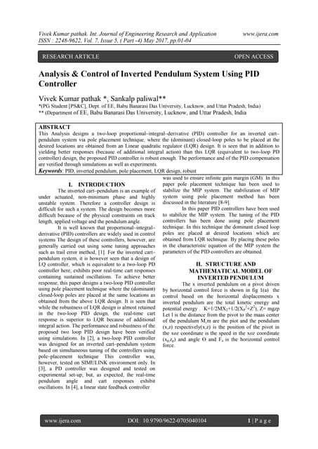 Analysis And Control Of Inverted Pendulum System Using Pid Controller Pdf