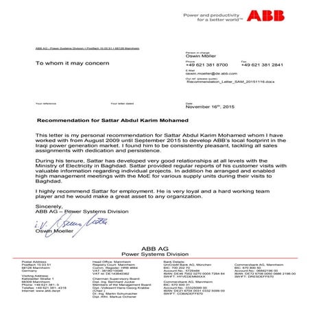 Recommendation Letter from ABB Germany for period 2009-2015 | PDF