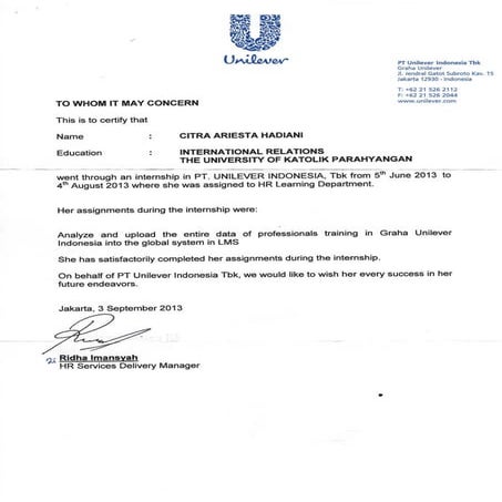 Unilever Reference Letter HR | PDF