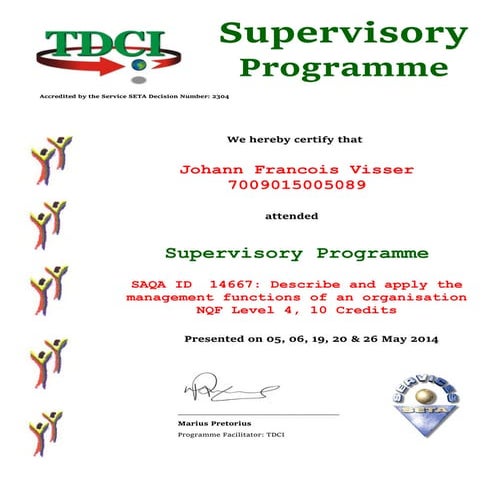 Supervisory and Management Programme JF Visser | PDF